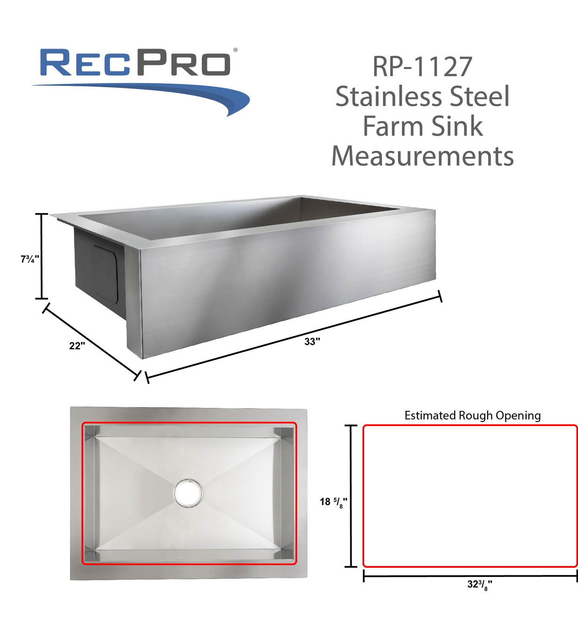 RV Farmhouse Sink 33" x 22" Stainless Steel RV Sink - RecPro