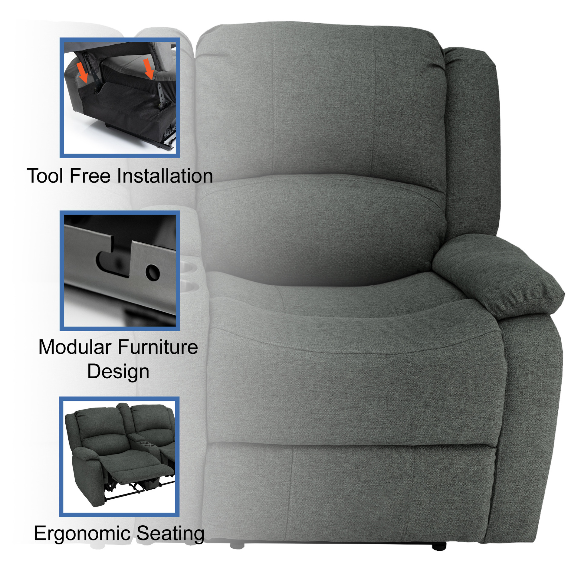 RecPro Charles 64" Double RV Wall Hugger Recliner Sofa with Console in ...