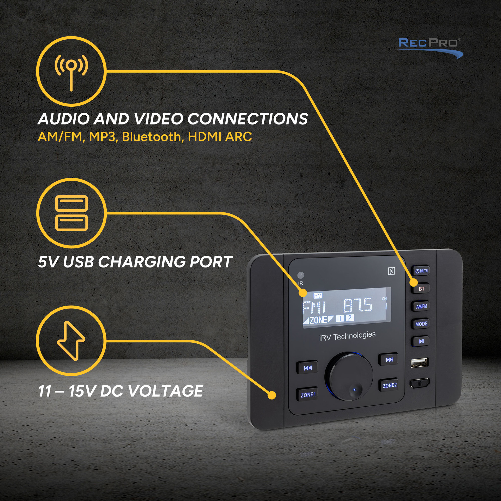iRV 37 RV Mechless Stereo Unit AM/FM Radio/Bluetooth with Remote - RecPro