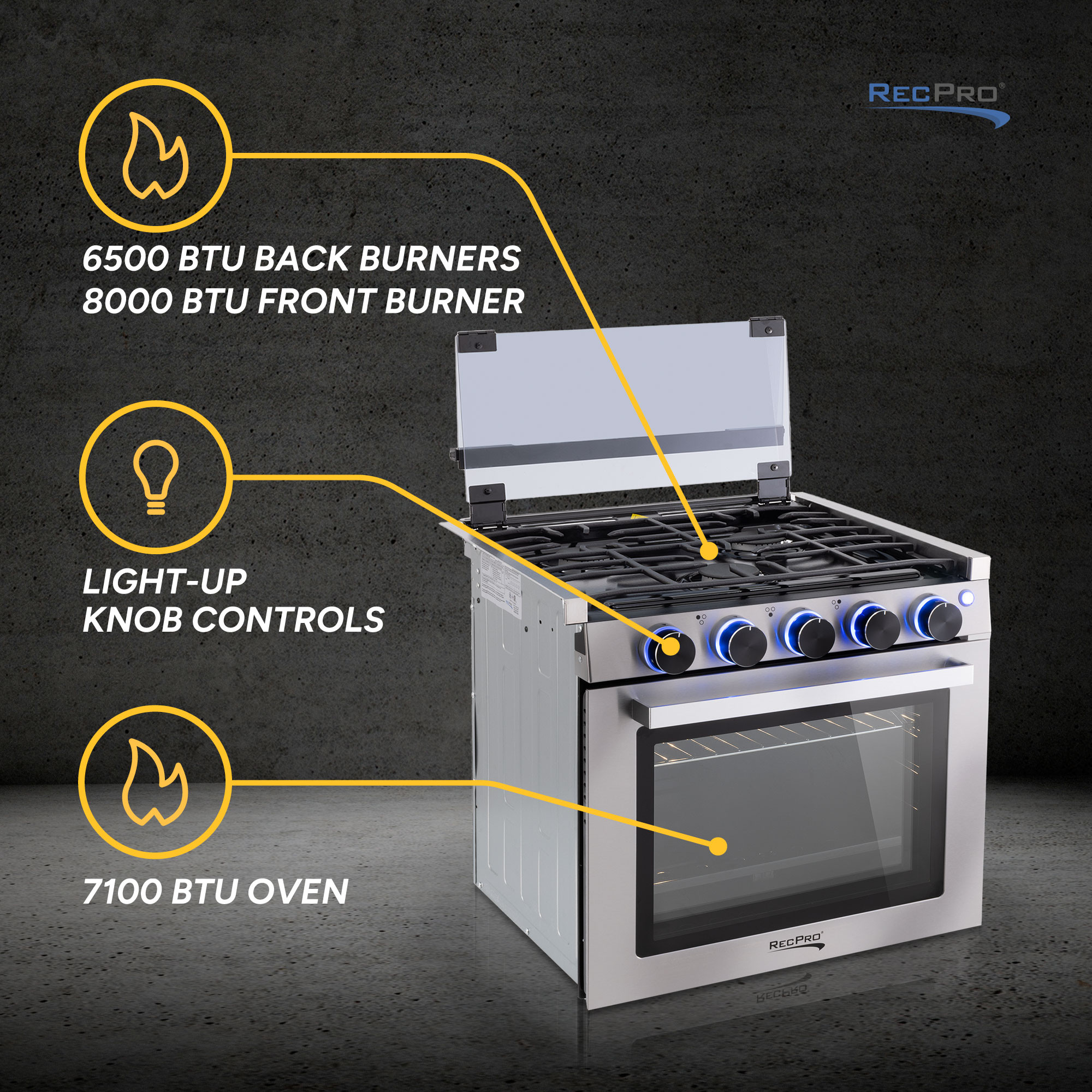 RV Stove Gas Range 21" Tall with Optional Range Vent Hood - RecPro