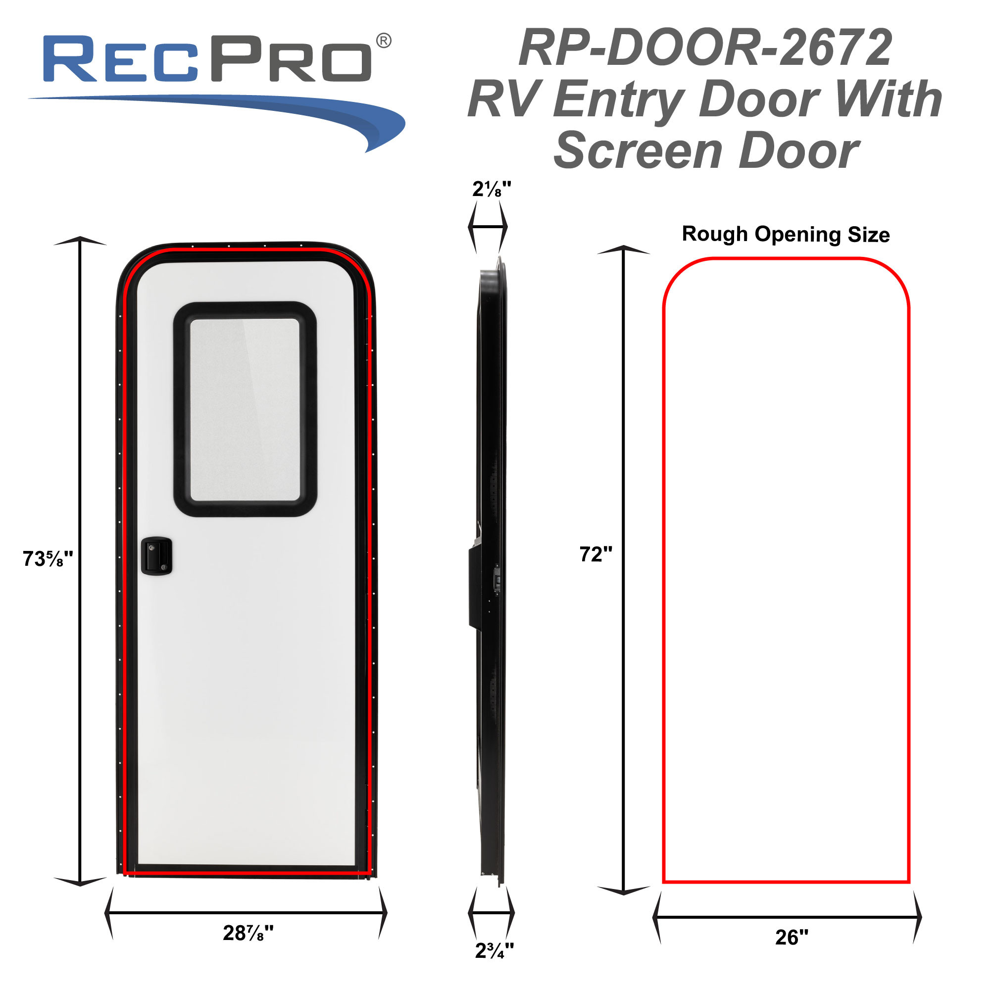 RV Entry Door with Screen Radius Corner Right Hand 26" x 72" - RecPro