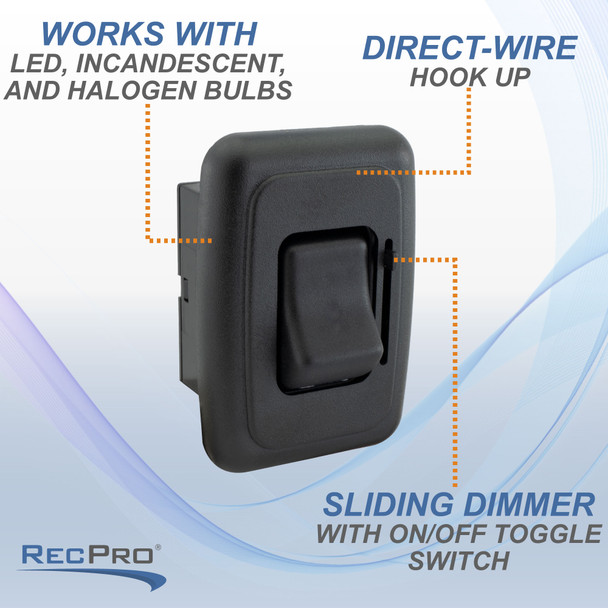 RV 12V DC Toggle Style Light Switch with High-Side Dimmer - RecPro
