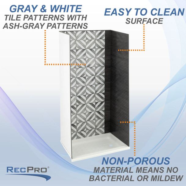 RV Shower Surround 24" x 36" - Ash-Gray Wood with Patterned Waterfall ...