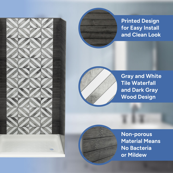 RV Shower Surround 40" x 24" - Ash-Gray Wood with Patterned Waterfall ...