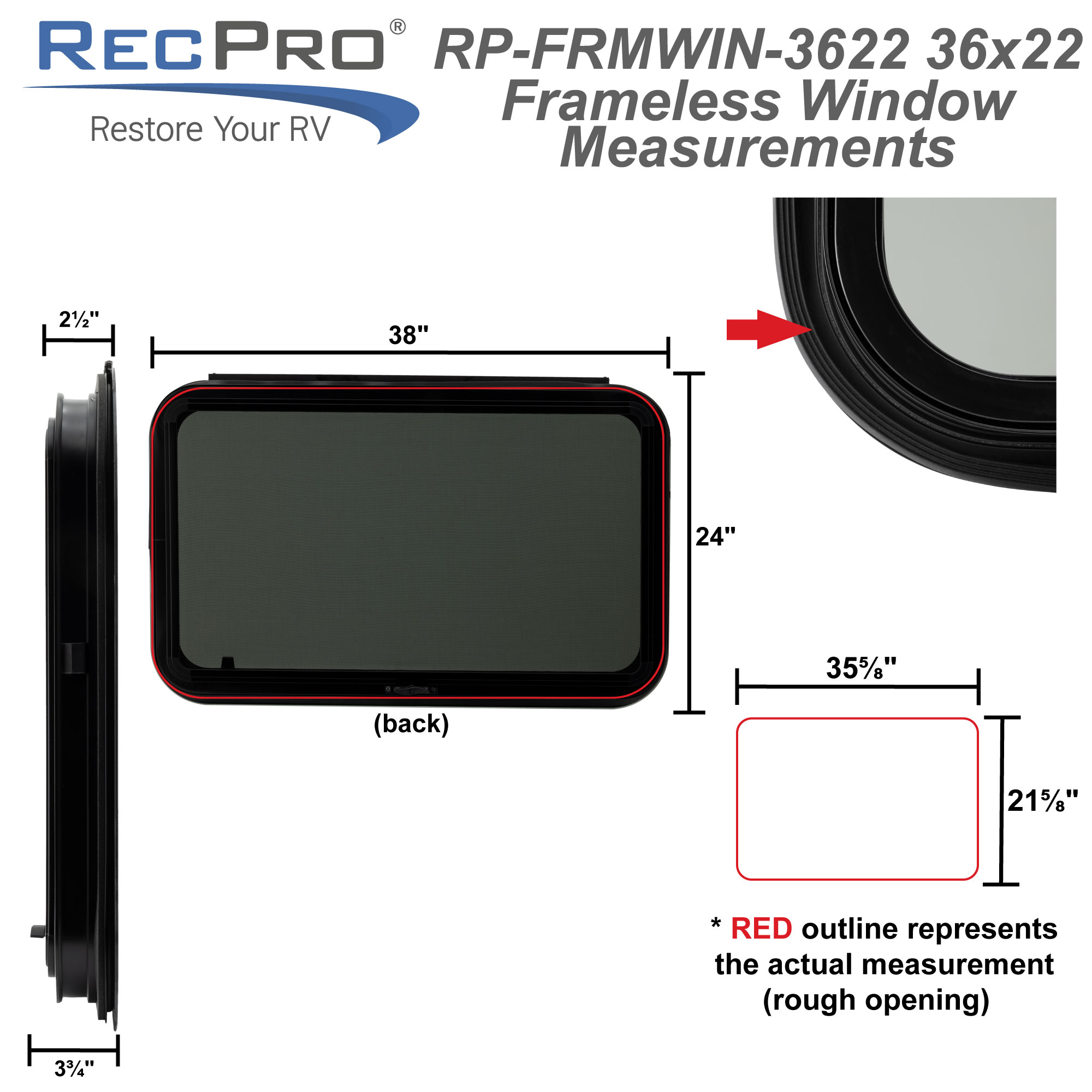 RV Frameless Window 36" W x 22" H - RecPro