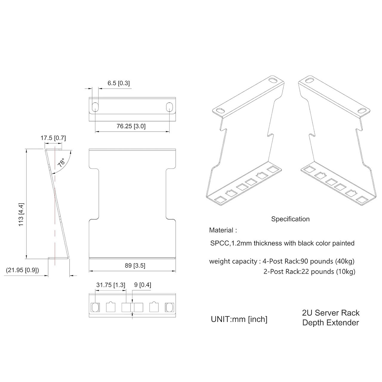 Server Rack Depth Extender 2U x 4" Deep - Recessed Rack Mount Adapter ...