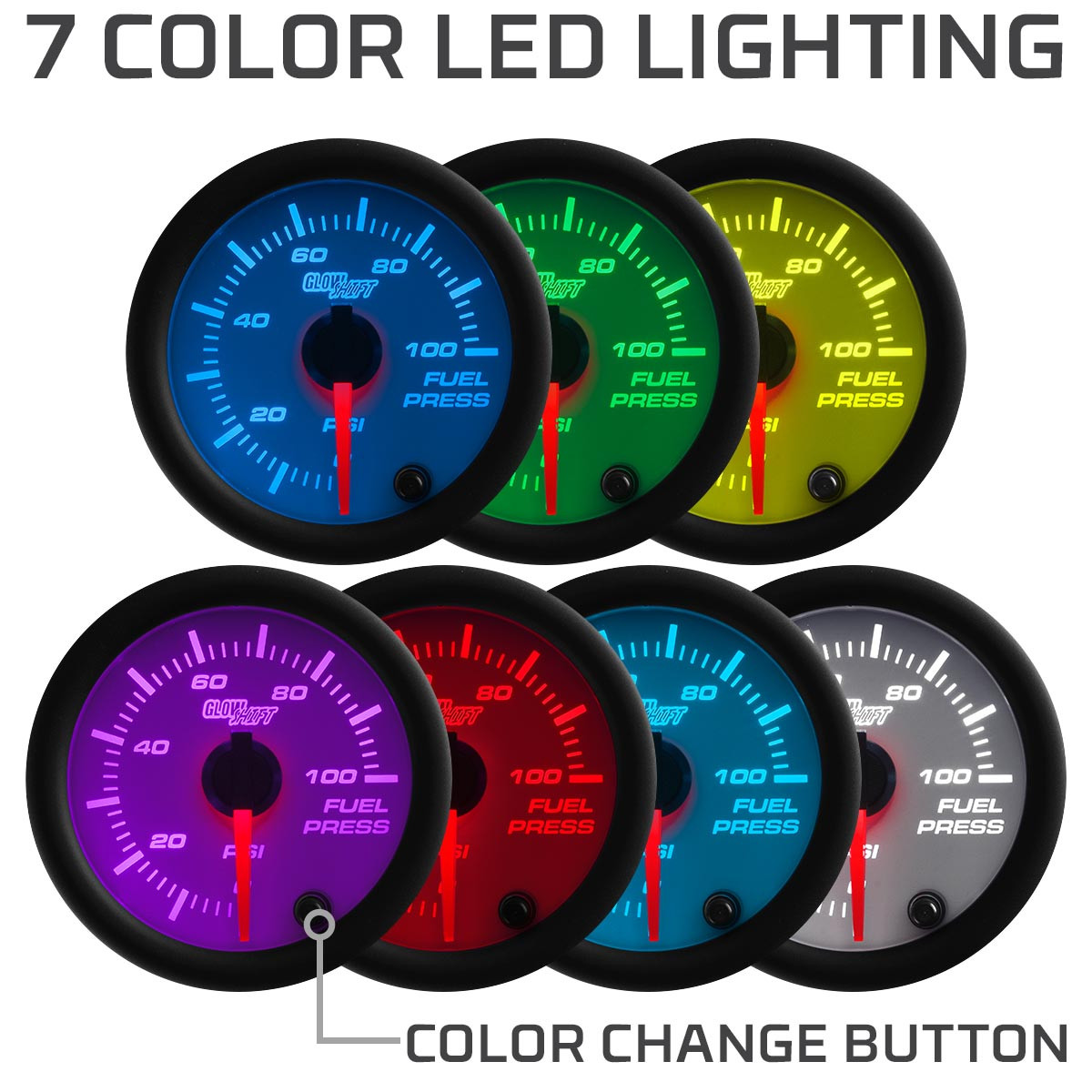 GlowShift | White 7 Color 100 PSI Fuel Pressure Gauge