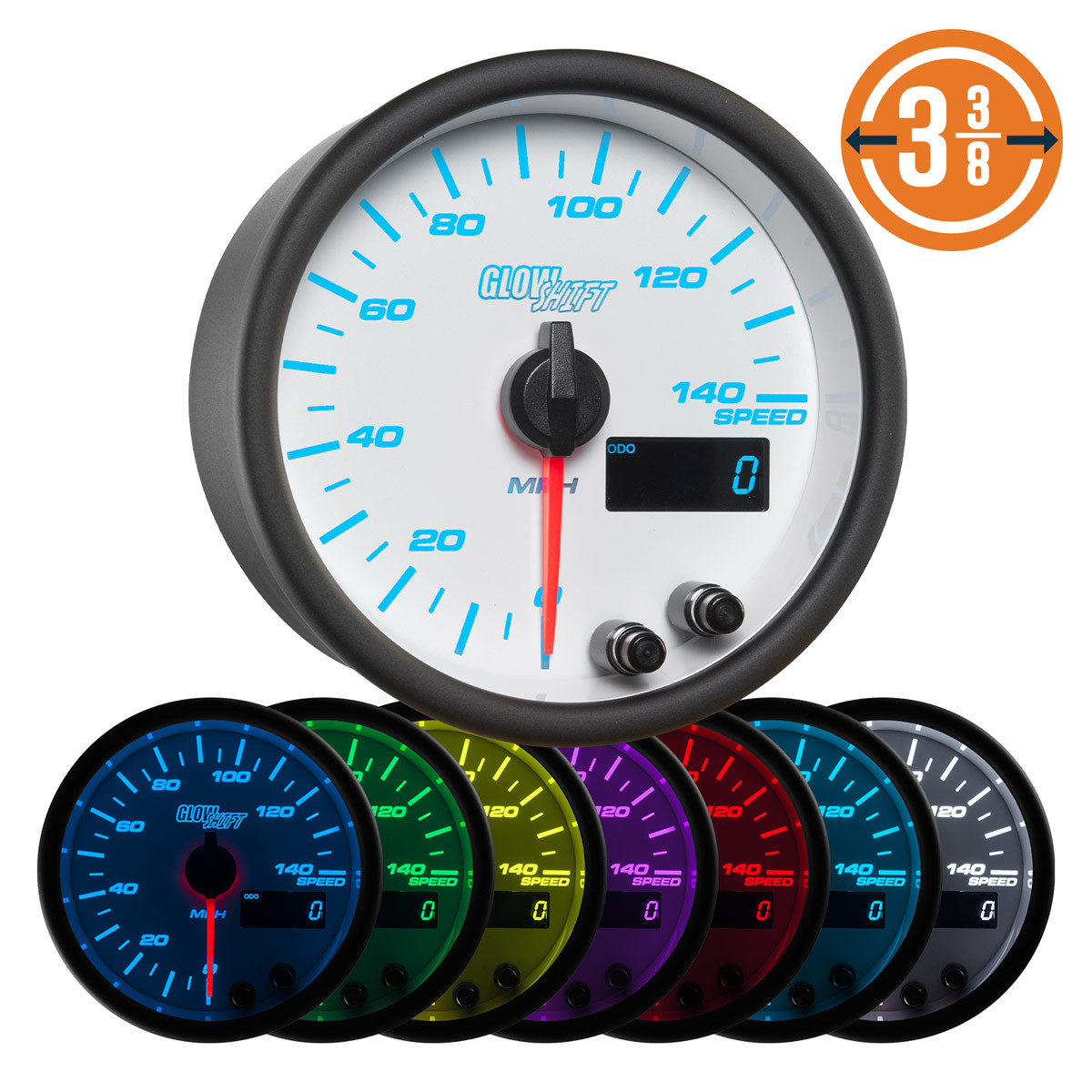 GlowShift | White 7 Color 3-3/8” (85mm) 140 MPH In Dash Speedometer