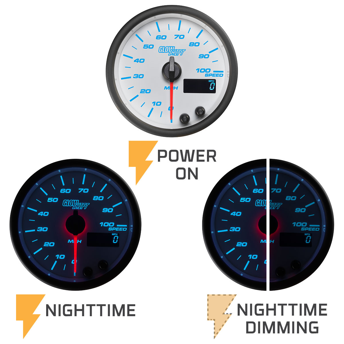 GlowShift | White 7 Color 3-3/8” (85mm) 100 MPH In Dash Speedometer