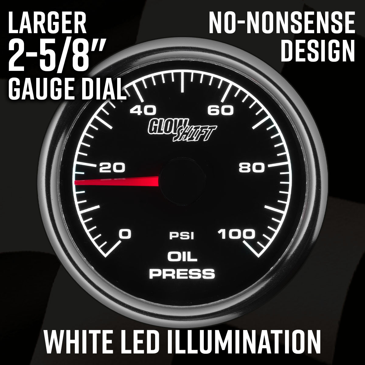 GlowShift | 65mm Black & White Series Racing Oil Pressure Gauge
