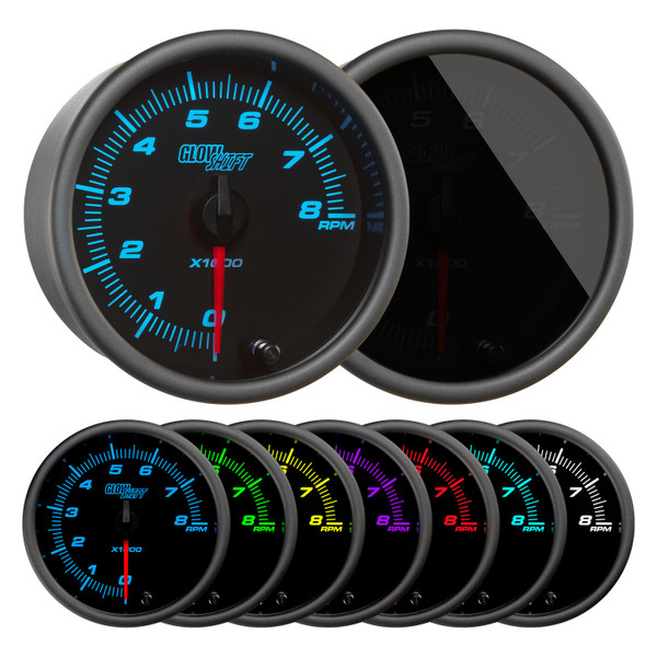 GlowShift | Tinted 7 Color 3-3/8” (85mm) 8,000 RPM In Dash Tachometer