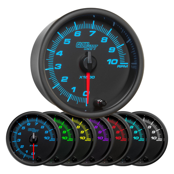 GlowShift | Black 7 Color 3-3/8” (85mm) 10,000 RPM In Dash Tachometer