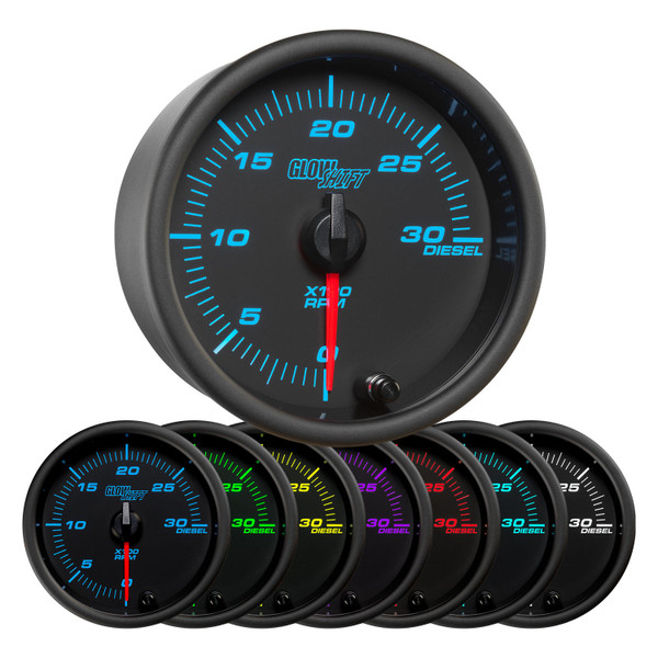 GlowShift | Black 7 Color 3-3/8” (85mm) 3,000 RPM In-Dash Diesel Tachometer