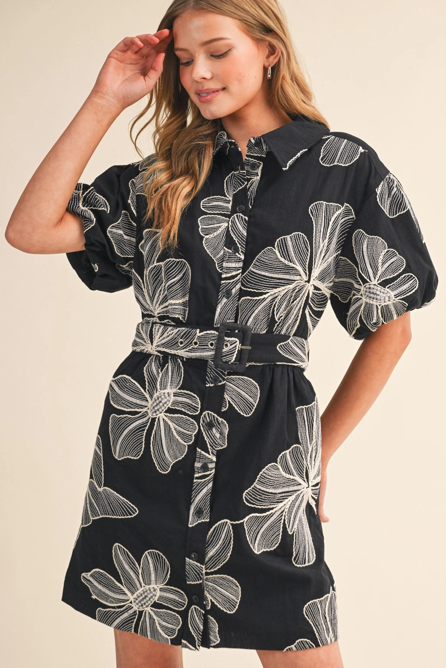Black Sand Floral Embroidered Dress - HandPicked