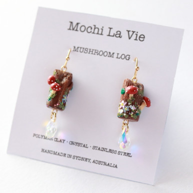 MUSHROOM LOG Polymer Clay Holo Crystal Drop Hook Earring Fantasy ...