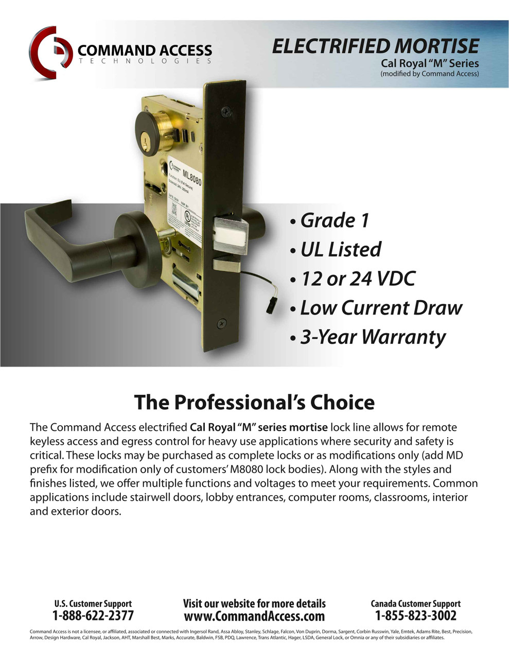 Command Access ML8080 Storeroom Function, Electrified Cal Royal 'M' Series Mortise Complete Lock ...