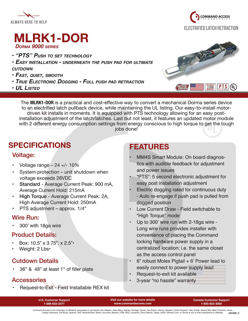 Command Access MLRK1-DOR Motorized Latch Retraction Kit for Dorma 9000 ...