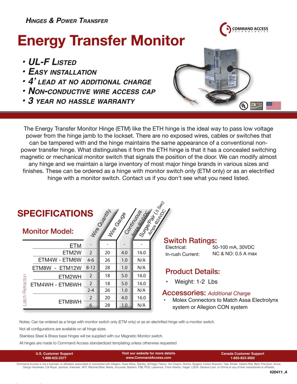 Command Access ETM-BB68 Energy Transfer Monitor Hinge, 5 Knuckle Heavy Weight, Steel Base ...