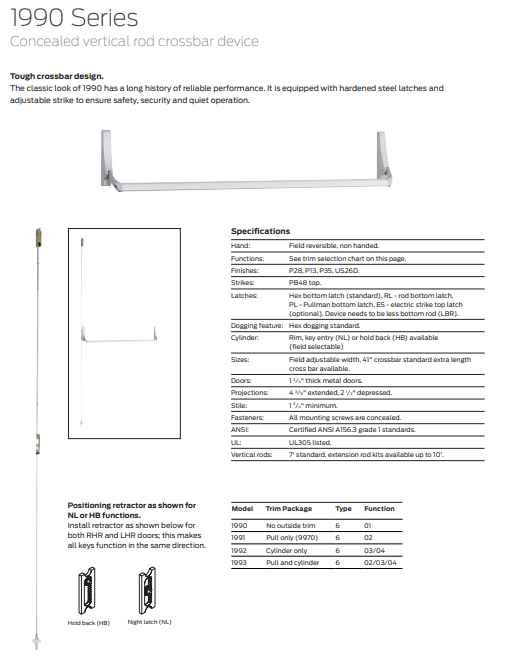 Falcon 1993NL/HB Narrow Stile Concealed Vertical Rod Exit Device ...