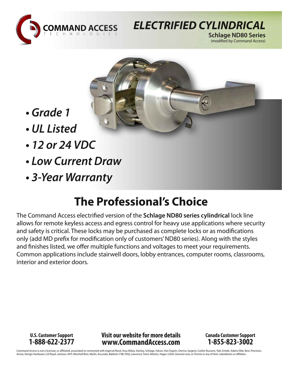 Command Access CLN80 Storeroom Function, Grade 1 Electric Cylindrical Complete Lock Schlage ...