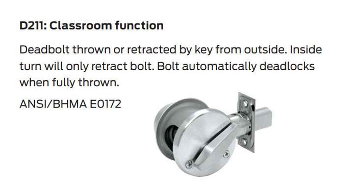 Falcon D211 Grade 2 Classroom Deadbolt | ZenSupply