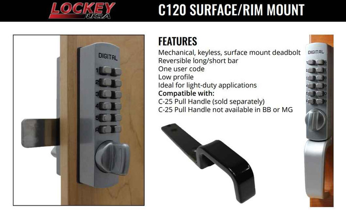 Lockey C120 Mechanical Surface/Rim Mount Digital Keyless Combination ...
