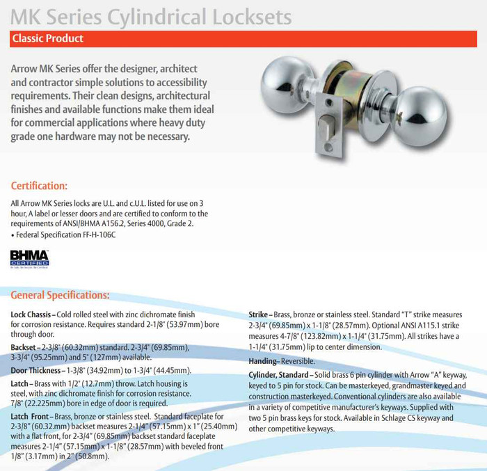 Arrow MK17 Classroom Function - Grade 2 Keyed Cylindrical Knob Lock ...
