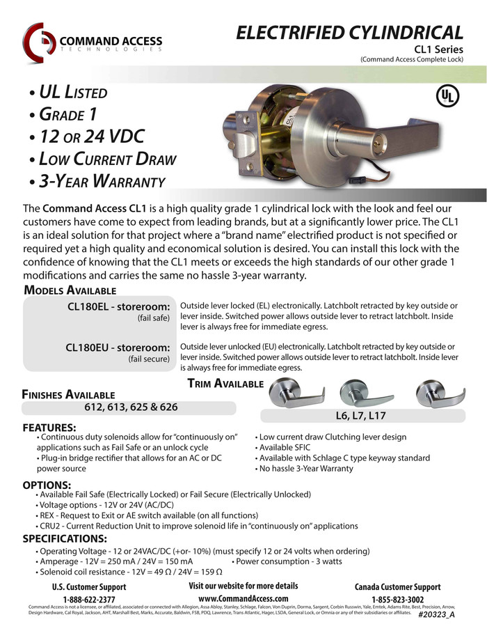 Command Access CL180 Storeroom Function, Grade 1 Electric Cylindrical Complete Lock CL1 Series ...