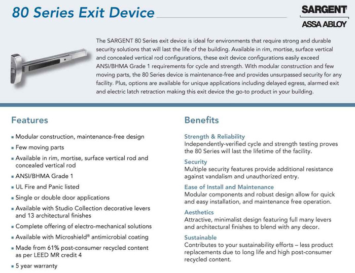 Sargent 8875 Series - Electro-Mechanical Fail-Safe Wide Stile Rim Exit ...