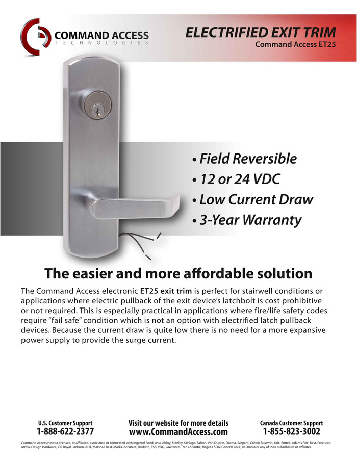 Command Access ET25 Electrified Exit Trim, Standard Keyway - Fast Free ...