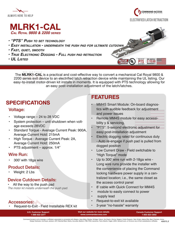 Command Access MLRK1-CAL Motorized Latch Retraction Kit for Cal Royal ...