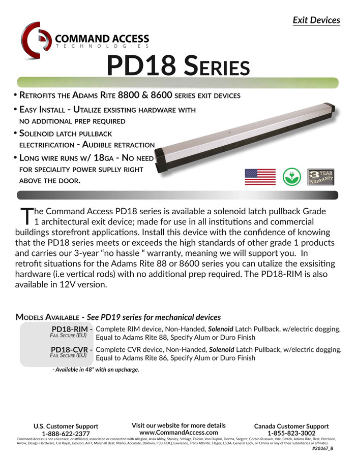 Command Access PD18/19 Complete Motorized Storefront Exit Device for ...