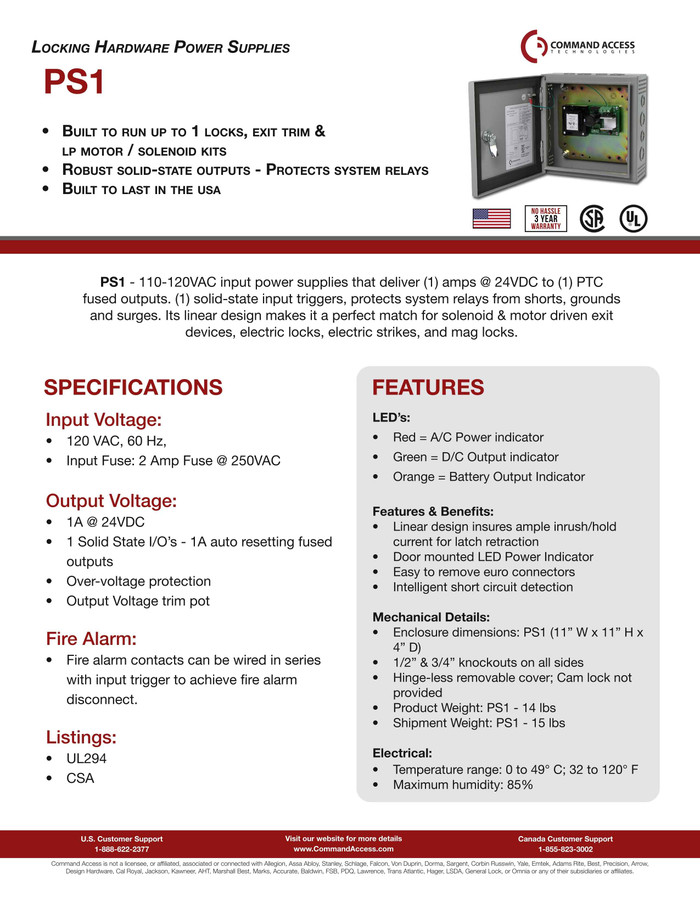 Command Access PS1 UL/CSA Linear with 1 Amp at 24 VDC Power Supply ...