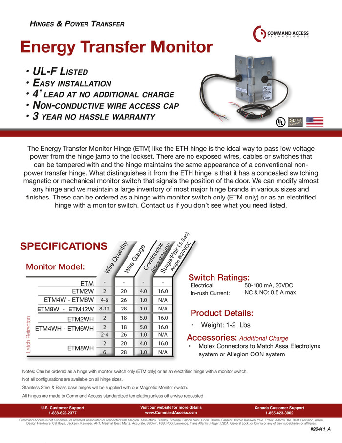 Command Access ETM-BB79 Energy Transfer Monitor Hinge, 5 Knuckle ...