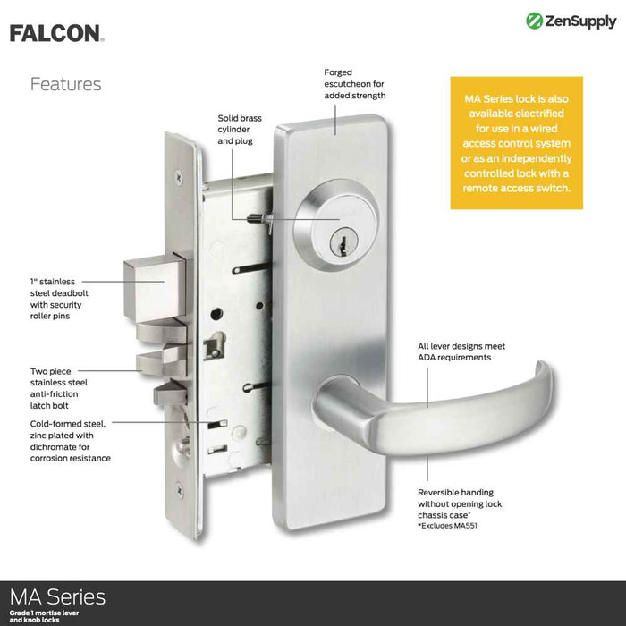 Falcon MA521 Entry/Office Lock - Grade 1 Single Cylinder Mortise Lock ...