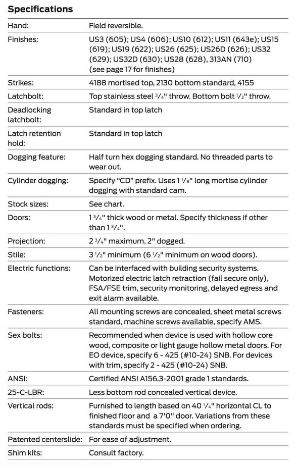 Falcon 25-C Series - Lever Trim - Concealed Vertical Rod Exit Device ...