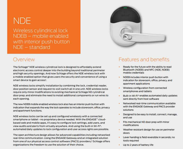Schlage Electronics NDEBSI - Grade 1 ENGAGE Series Wireless Cylindrical ...
