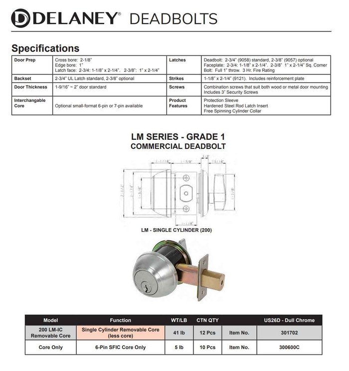 Delaney LM Series 6-Pin Small Format Interchangeable Core (SFIC) & Key ...