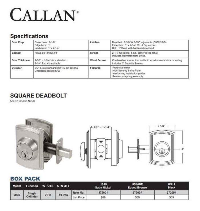 Callan Model 200S - Grade 3 Single Cylinder Square Trim Deadbolt - Fast ...