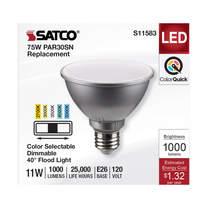 SATCO Lighting S11583 11W PAR30SN LED, Medium Base, Silver Finish, CCT ...