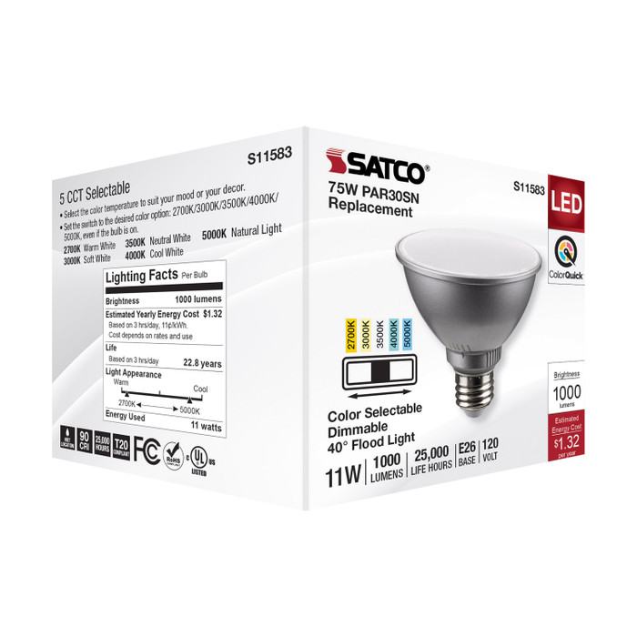 SATCO Lighting S11583 11W PAR30SN LED, Medium Base, Silver Finish, CCT ...