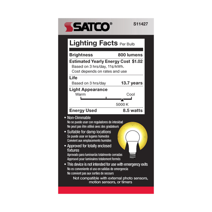 SATCO Lighting S11427 8.5W, A19 LED, Dusk to Dawn With PhotoCell, 5000K ...