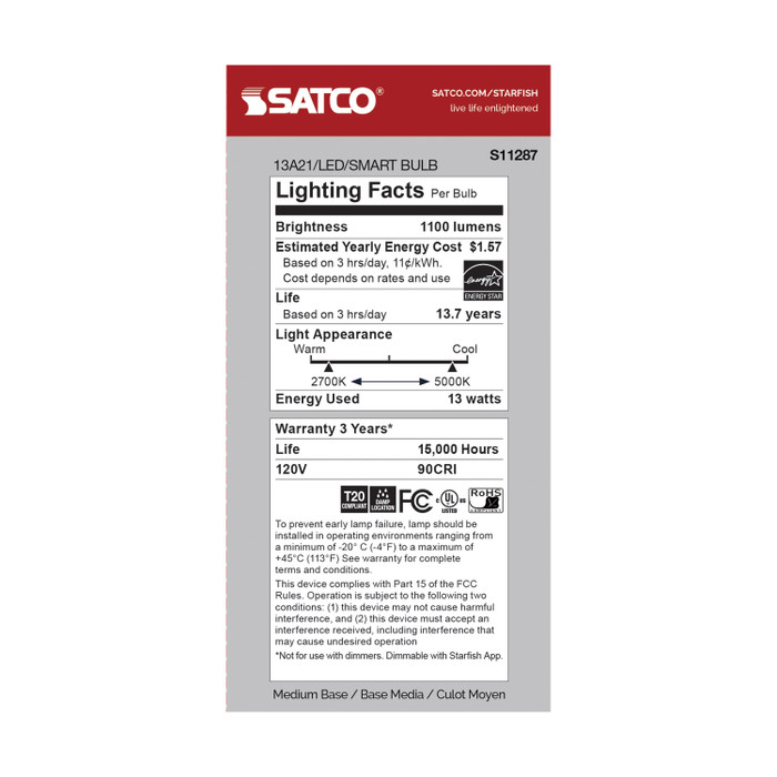 SATCO Lighting S11287 13W, A21 LED, RGB & Tunable White, Starfish IOT ...