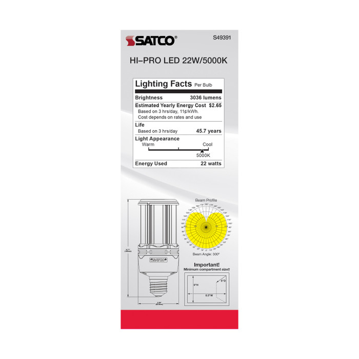 SATCO Lighting S49391 22W LED HID Replacement, 80 CRI, 5000K, Type B ...