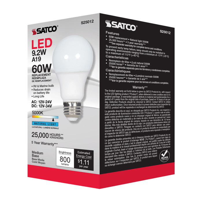 SATCO Lighting S25012 9.2W A19 LED, 5000K, Medium Base, 220 degree Beam ...