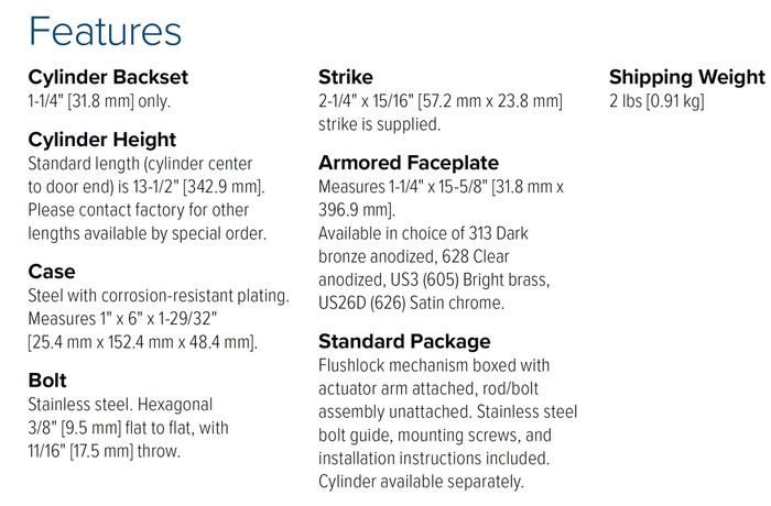 Adams Rite 1877 Cylinder-Operated Flushbolt (Cylinder Not Included ...