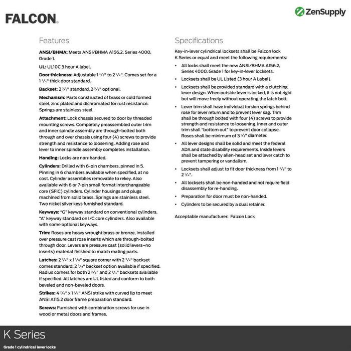 Falcon K511 Grade 1 Entrance/Office Cylindrical Lock | ZenSupply
