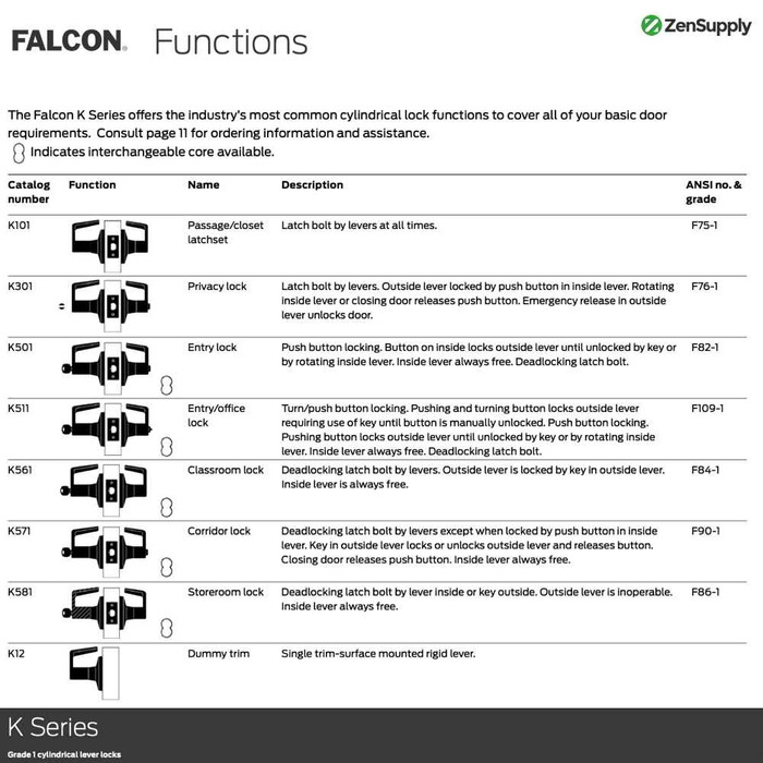 Falcon K561 - Classroom Lock - Grade 1 Single Cylinder Cylindrical Lock ...