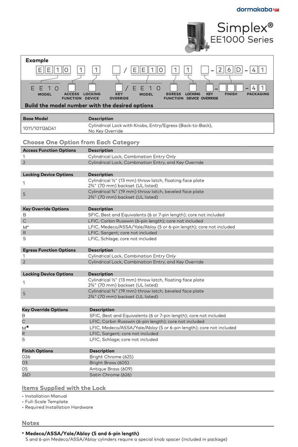Dormakaba Simplex EE1000 Series Back to Back Mechanical Pushbutton Lock ...