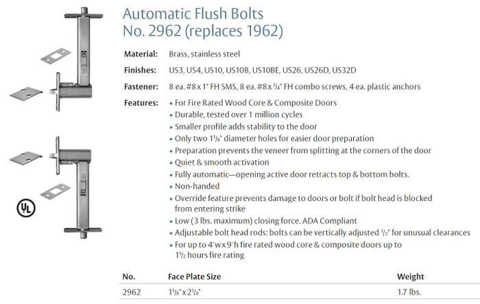 Rockwood 2962 Automatic Flush Bolt Set - Fast Free Shipping | ZenSupply